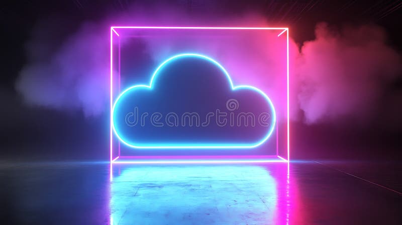 Neon Cloud Graphic in a Glowing Cube Stock Illustration - Illustration ...