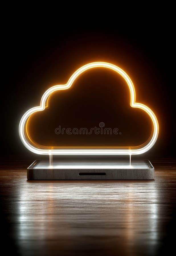 Neon Cloud Icon Above Tablet Device on Dark Background with Wooden Surface Reflection Stock ...