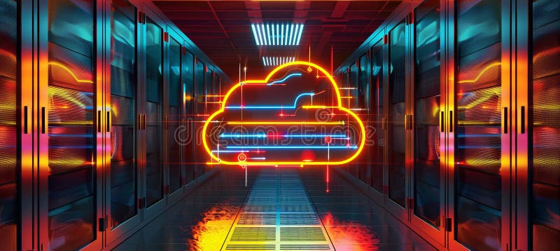 Neon Cloud Icon Glowing Inside Server Room, Symbolizing Cloud Computing ...