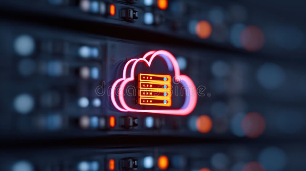 Neon Cloud Icon on a Server Rack, Symbolizing Cloud Computing and Data Storage Technology. Stock ...