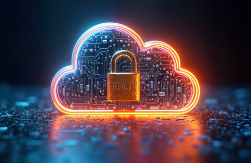 Neon Cloud with Locked Padlock. Secure Data Storage. Futuristic Tech ...