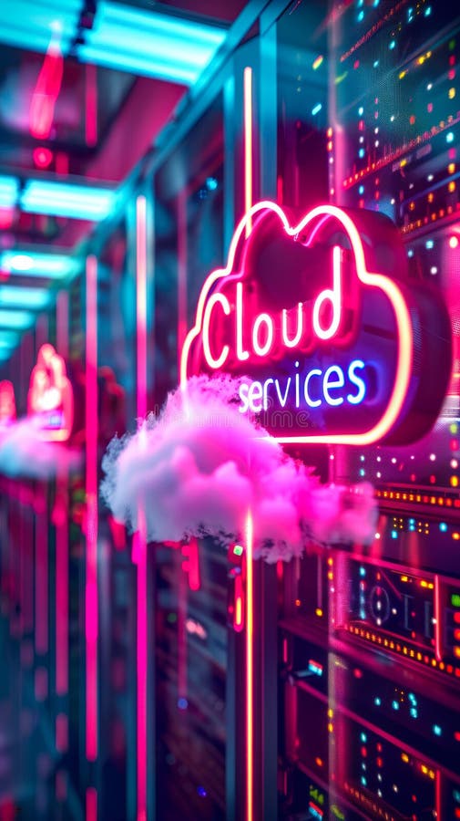 Neon Cloud Services Sign Floating Over a Server Room Filled with Data ...