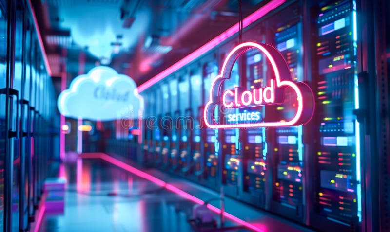 Neon Cloud Services Sign Floating Over a Server Room Filled with Data ...