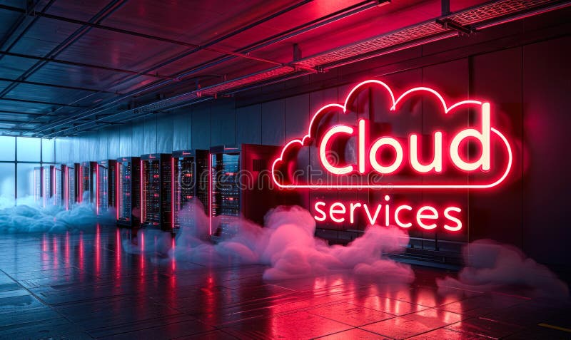 Neon Cloud Services Sign Floating Over a Server Room Filled with Data ...