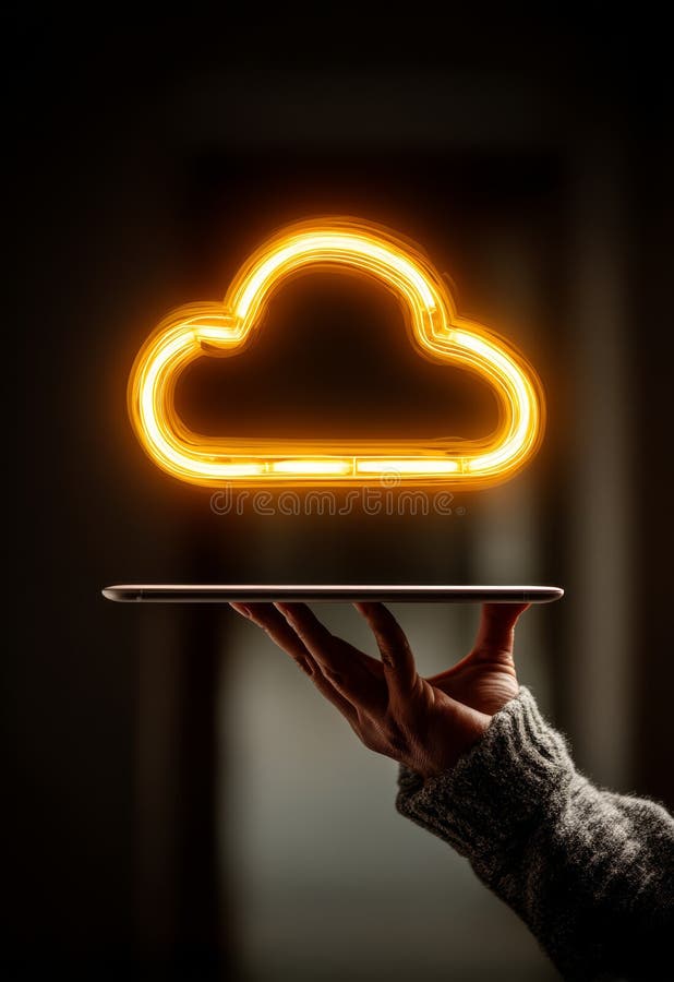 Neon Cloud Storage Concept on Tablet with Hand Holding the Device in ...