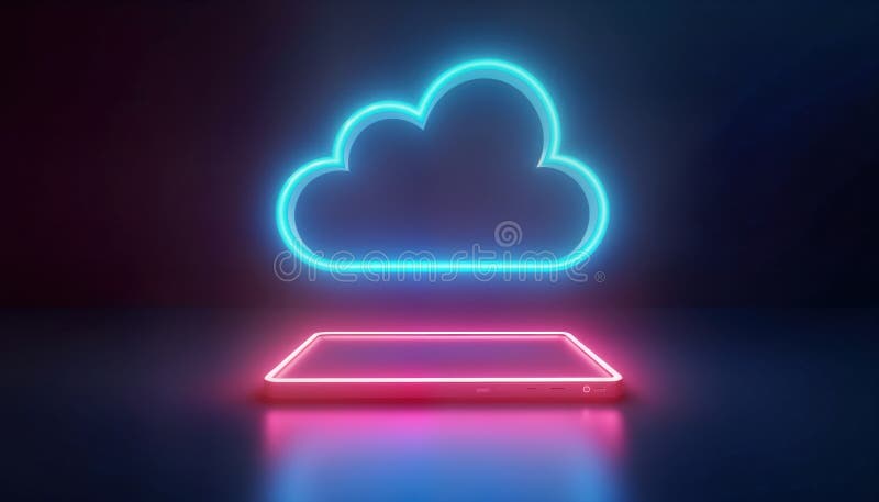 Neon Cloud Symbol Hovers Over Glowing Tablet. Dark Background ...