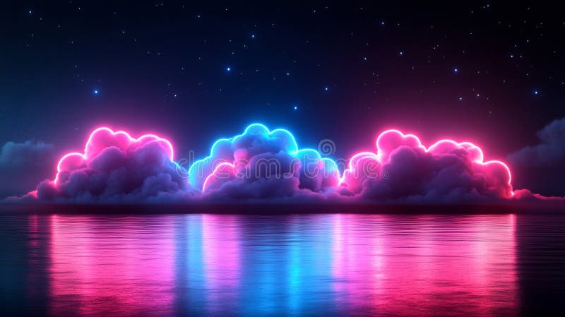 Neon Cloudscape Illuminated Night Sky Reflecting Water Stock ...