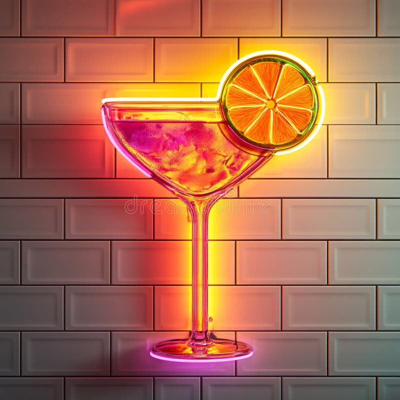 Neon Cocktail Sign on White Brick Wall with Orange Slice Garnish. Stock ...