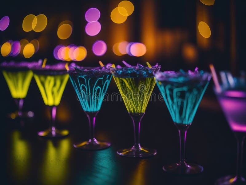 Neon Cocktails on Black Background. Ai Generative Stock Image - Image ...