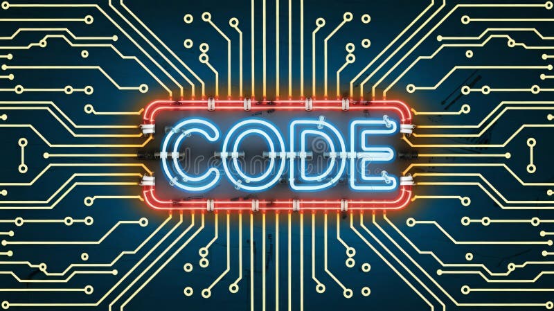 Neon Code Sign on Circuit Board, Digital Good Resolution Stock Photo ...