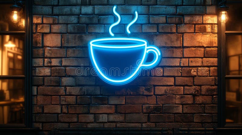 Neon Coffee Cup Sign on a Brick Wall at Night. Stock Photo - Image of ...