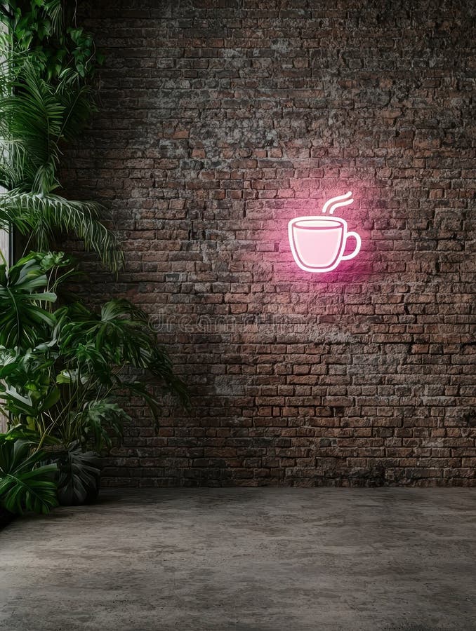 A Neon Coffee Cup Sign on a Brick Wall with Plants. Stock Illustration ...