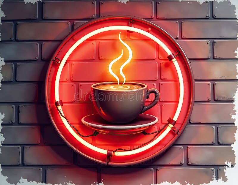 Neon Coffee Sign on Brick Wall - Retro Cafe Illustration Stock ...