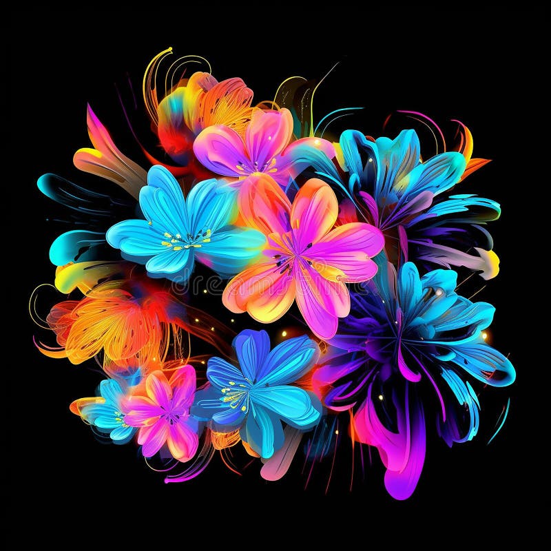 Neon Colored Abstract Floral on Black Background. Stock Illustration ...