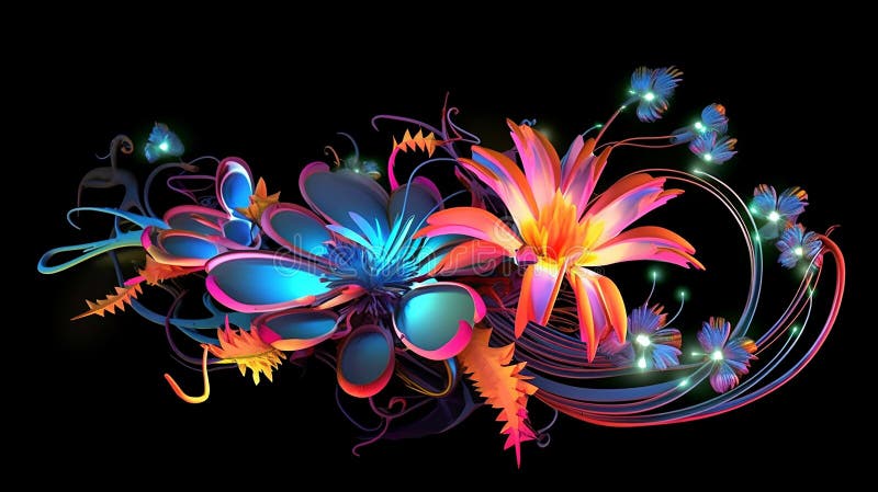Neon Colored Abstract Floral on Black Background. Stock Illustration ...