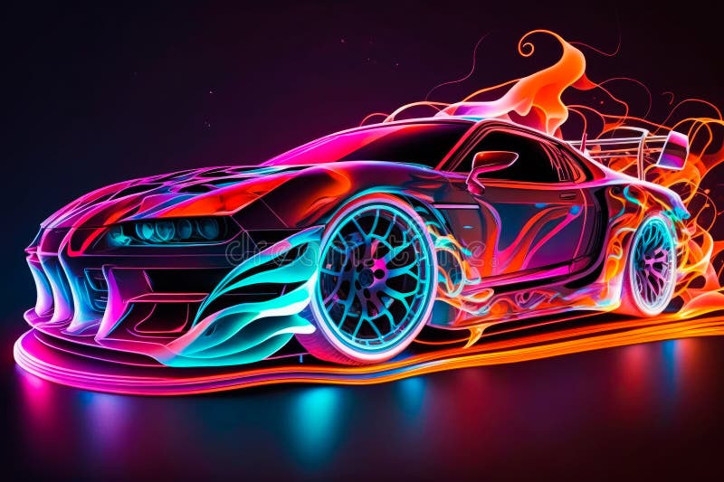 Neon Colored Car with Flames on it. Generative AI Stock Illustration ...