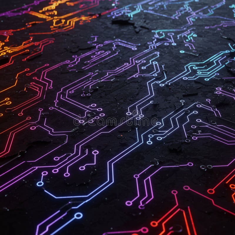 Neon-colored Circuit Board Patterns Illuminate Against a Dark, Textured ...