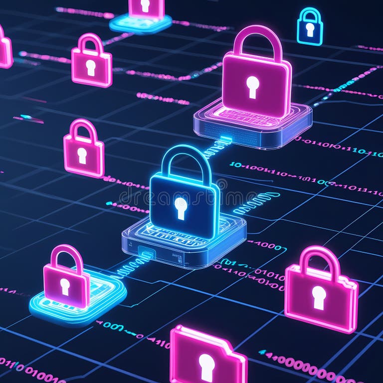 Neon-colored Digital Artwork Featuring Padlocks and Folders with Keyhole Symbols, Floating Above ...