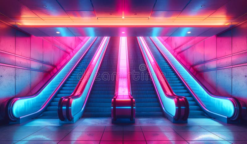 A Neon Colored Escalator with a Red Stripe Stock Image - Image of ...