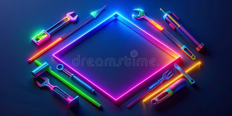 Neon Colored Geometry Tools Forming a Geometric Square on a Dark Blue ...