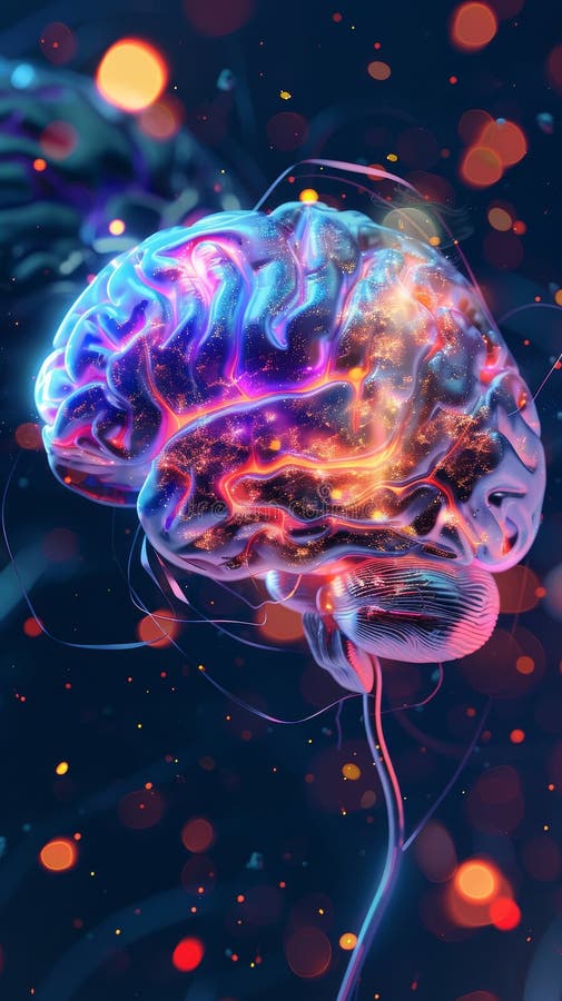 Neon-colored Human Brain with Neural Connections Visualized, Scientific ...