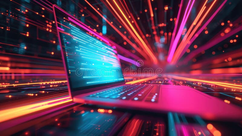 Neon-colored Laptop in Futuristic Computer Technology Illustration, Ai ...