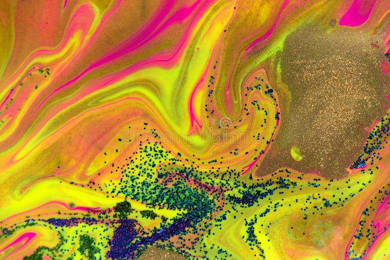 Neon Colored Marble Pattern With Golden Glitter. Fluorescent Liquid ...