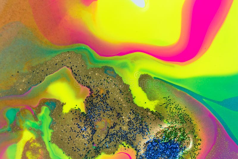 Neon Colored Marble Pattern with Golden Glitter. Fluorescent Liquid ...