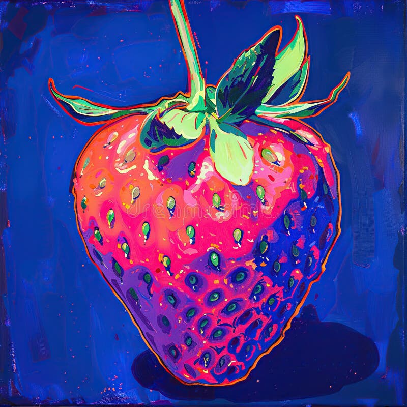 A Neon Colored Oil Painted Strawberry with a Midnight Blue Background ...