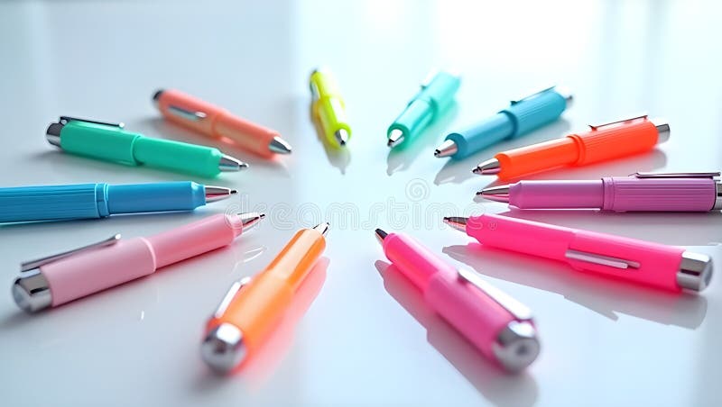 Neon-colored Pens Arranged in a Circular Pattern on a White Table Stock ...