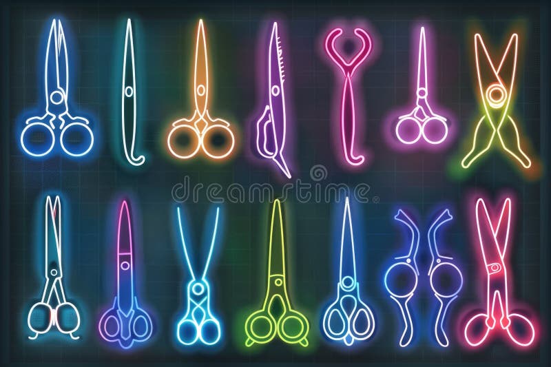 Neon Colored Scissors on a Black Background, Suitable for Educational ...