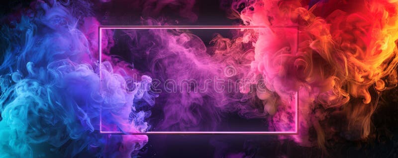 Neon Colored Smoke with Rectangular Frame on Dark Background, Abstract ...