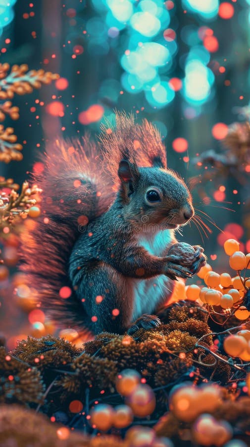 Neon Colored Squirrel Collecting Neon Nuts in a Forest Stock ...