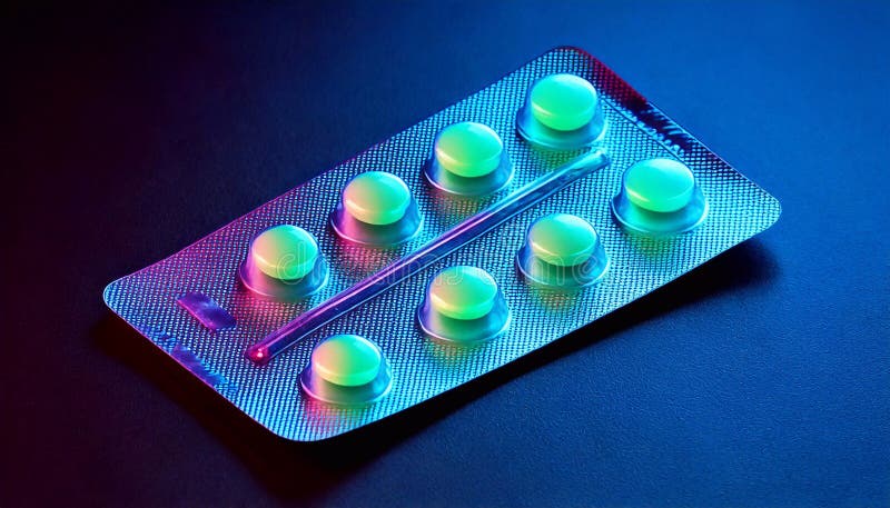 Neon Blister Pack of Tablets Brightly Illuminated on a Dark Background ...