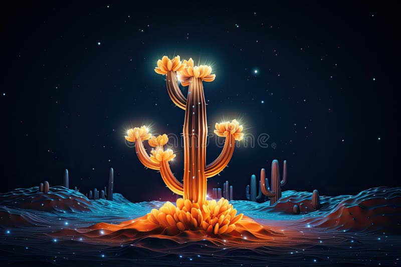 Neon Colour Cactus in Desert at Night with Starry Sky, Ai Generated ...