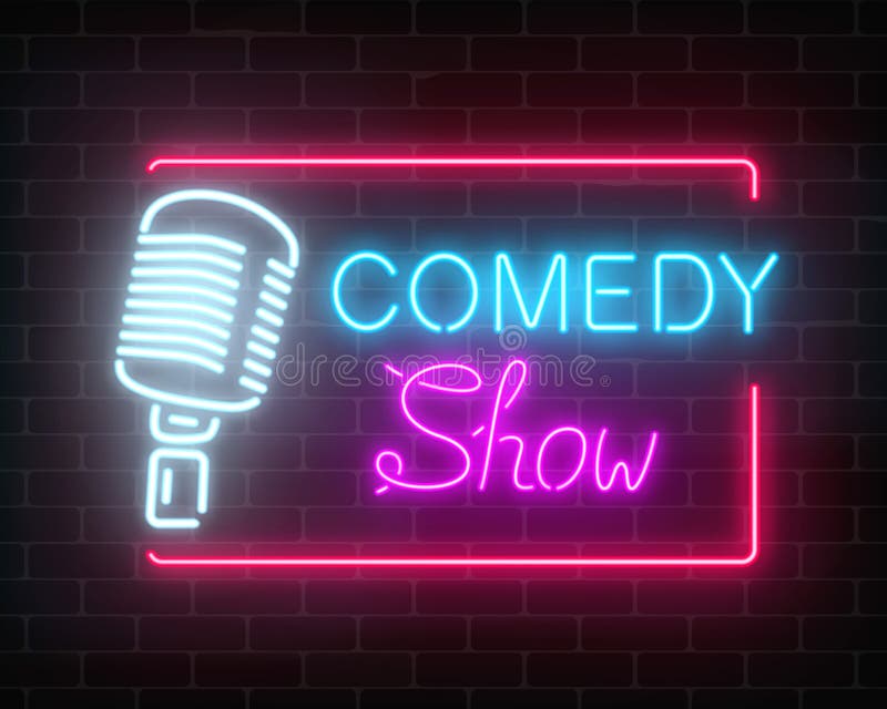 Neon Comedy Show Sign With Retro Microphone On A Brick Wall Background