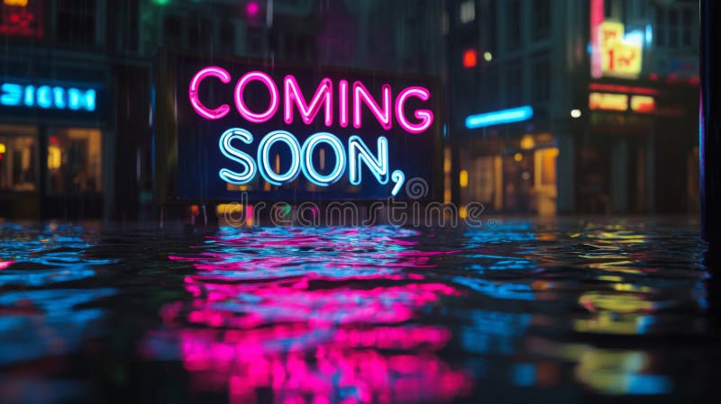 Neon Coming Soon Sign in Rainy City at Night Stock Illustration ...