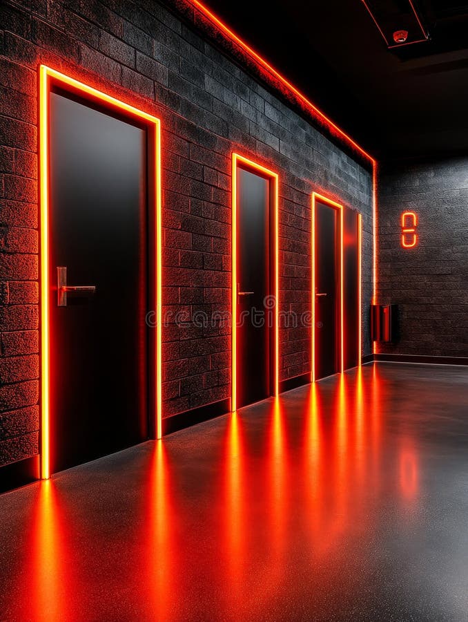 Neon Corridor Doors Mysterious Sleek Hallway Red Neon Lights Dark Doors ...