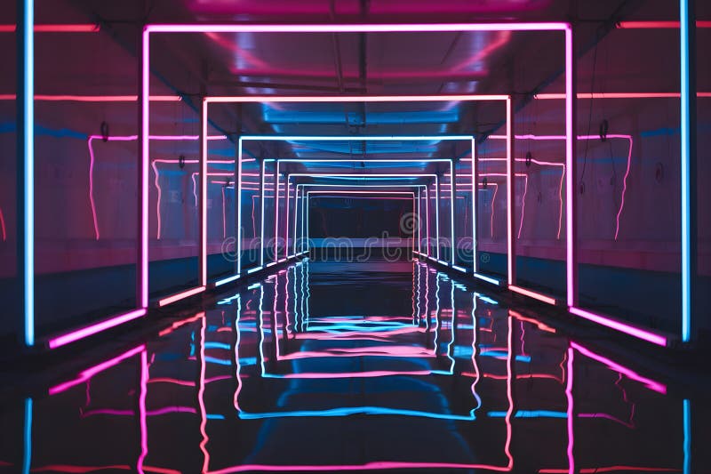 Neon Corridor with Glowing Frames, Pink-blue, Reflective Floor Deepens ...
