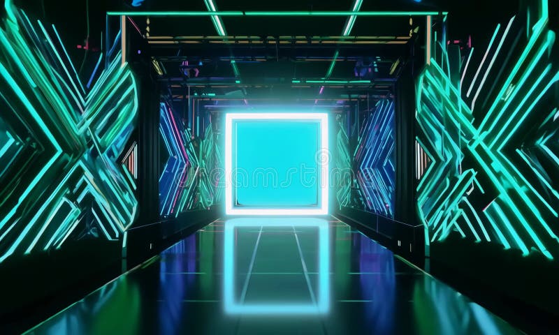Neon Corridor with Glowing Square Portal Stock Footage - Video of ...