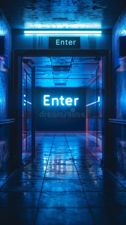 A Neon Lit Door in a Dark Room Stock Image - Image of door, elevator ...