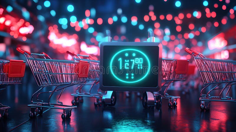 Neon Countdown Timer Display with Shopping Carts Stock Photo - Image of ...