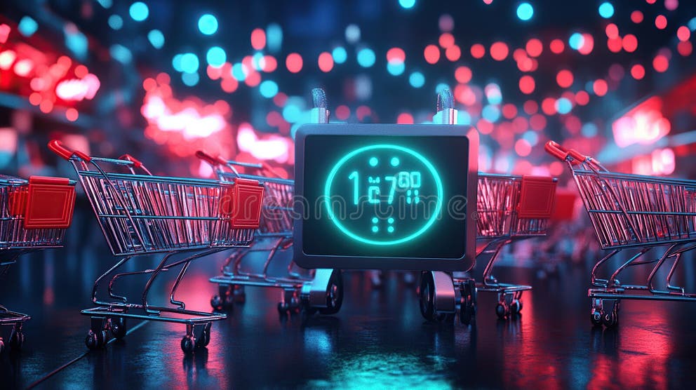 Neon Countdown Timer Display with Shopping Carts Stock Photo - Image of ...