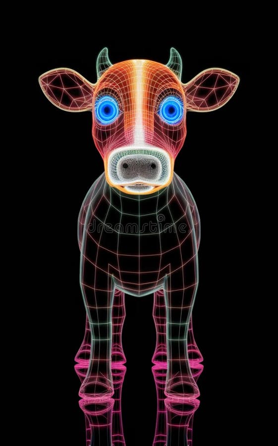 A Neon Cow Sits on a Ledge with a City in the Background. Ai Generated ...