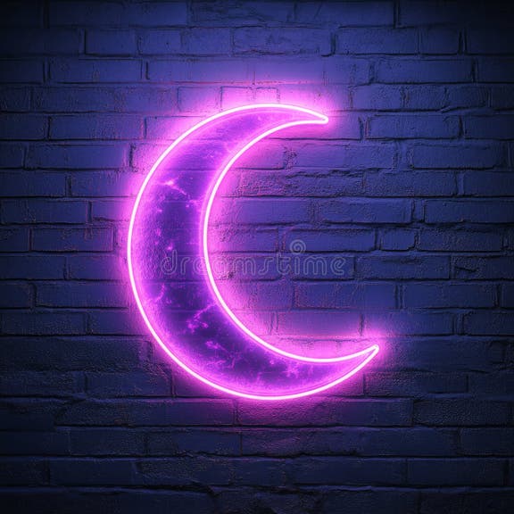 Neon Crescent Moon Sign on a Dark Brick Wall. Stock Photo - Image of ...