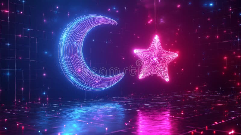 Neon Crescent Moon and Star in a Digital Reality Space Stock ...
