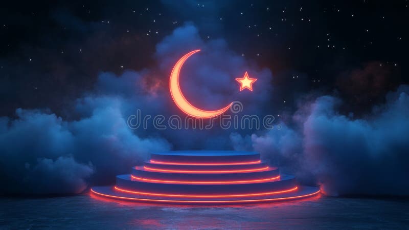 Neon Crescent Moon Star Night Sky Platform Stock Illustration ...