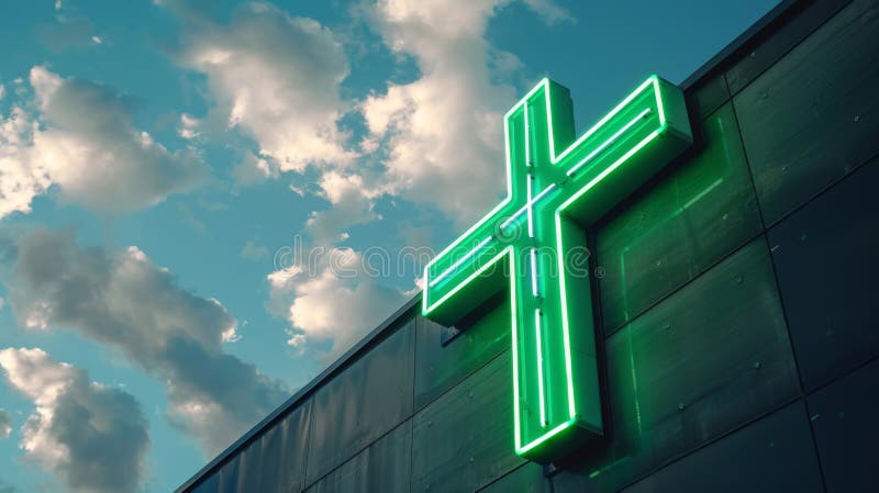 Neon Cross on Building Facade. AI Generated Stock Photo - Image of ...