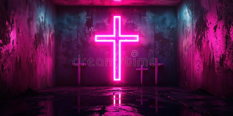 Neon Cross in Dark Room with Glowing Lights and Reflective Floor Stock ...