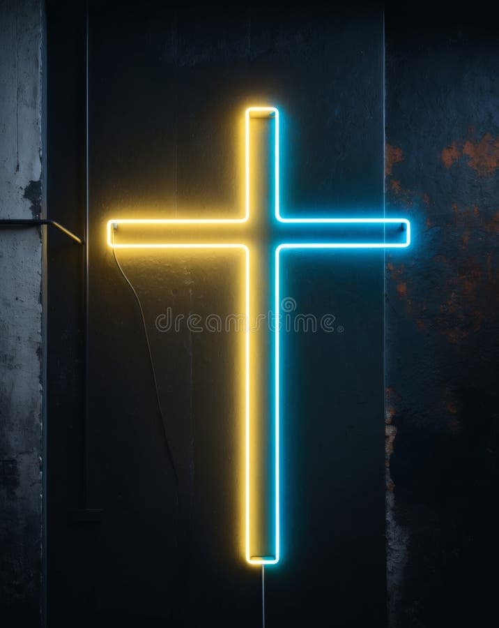 Neon Cross Glowing in Yellow and Blue on Dark Industrial Wall. Stock ...